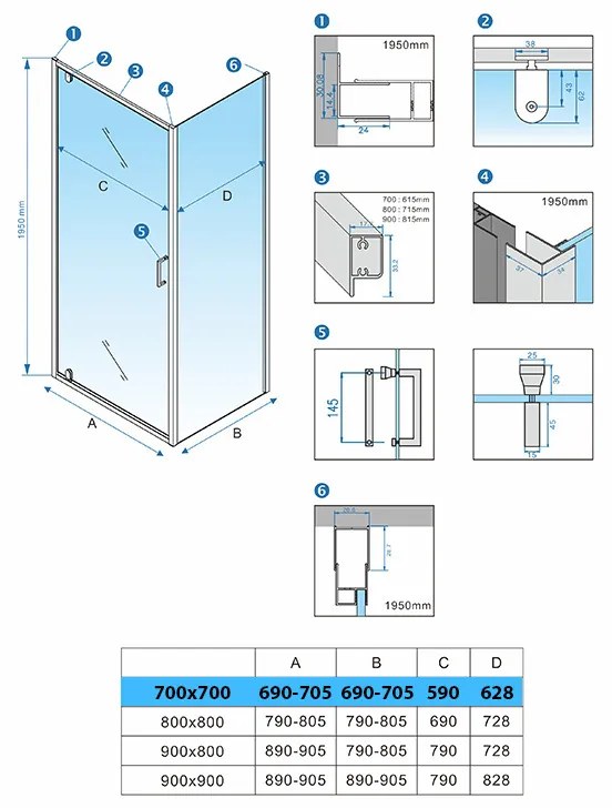 BPS-koupelny Čtvercový sprchový kout HYD-SK04 70x70 chrom/transparent