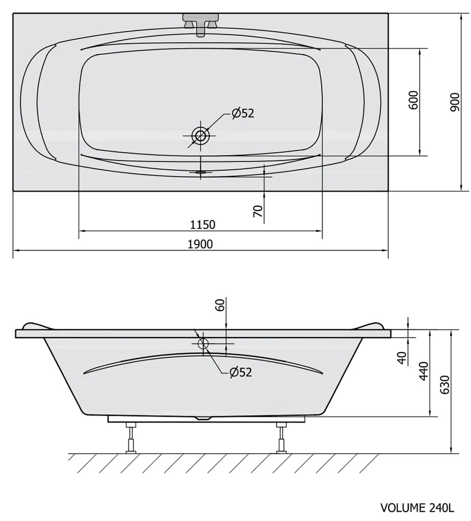 Polysan GARDA obdélníková vana s konstrukcí 190x90x44cm, bílá, 14211