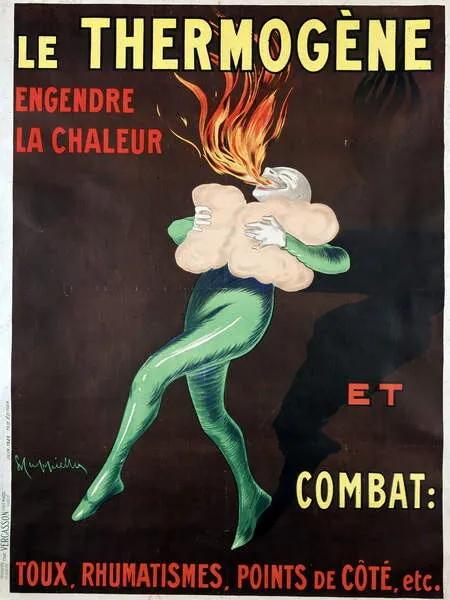 Cappiello, Leonetto - Obraz, Reprodukce - The thermogen generates heat and fights cough, rheumatism, side points etc: poster by Leonetto Cappiello , 1926. A man warmed by the medicine spits out a flame. BN, Paris.