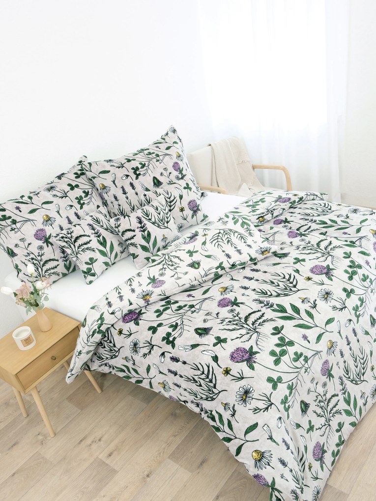MK Lůžkoviny Francouzské mikroplyšové povlečení Exclusive - Herbář světle šedý 220 × 200 cm, 2ks 70 x 90 cm
