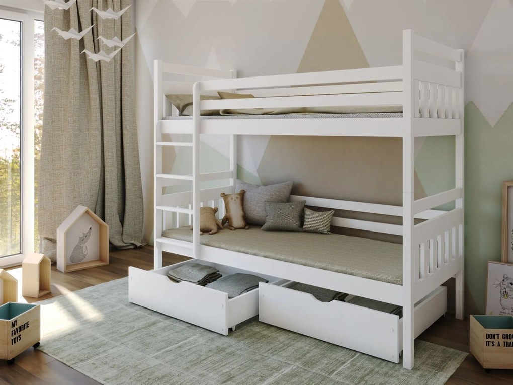 Patrová postel Adas 90x200 cm (Š 98 cm, D 208 cm, V 164 cm), Bílá, Zelená, 2 ks hlavní matrace, se zábrankou