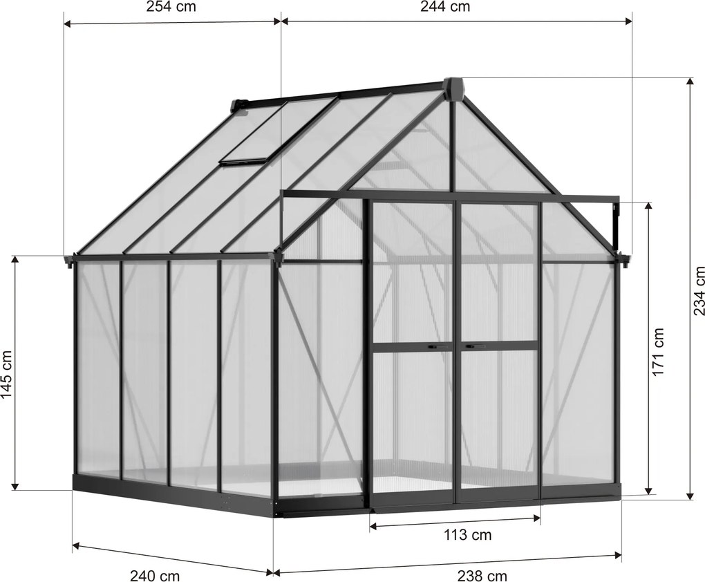Skleník 234 x 244 x 254 cm, zesílená konstrukce, polykarbonát 6 mm