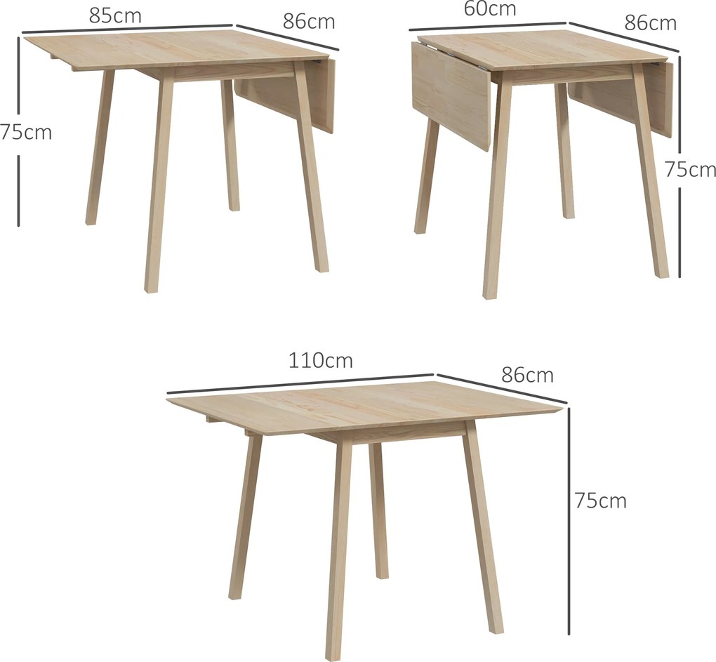 HOMCOM Rozkládací jídelní stůl Kuchyňský stůl pro 2-4 osoby ze dřeva 110 x 86 x 75 cm ideální do malých místností v přírodní barvě