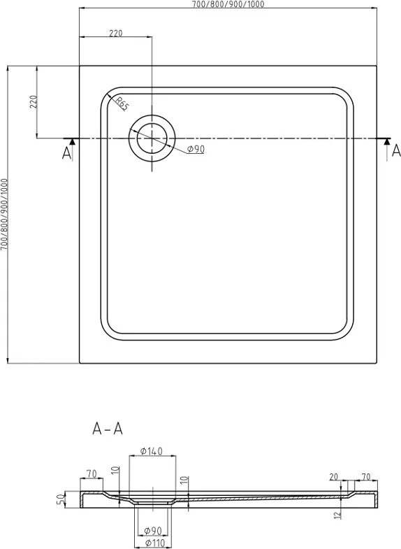 Mexen Flat čtvercový sprchový kout slim 90 x 90 cm, bílý, černý sifon - 40109090B