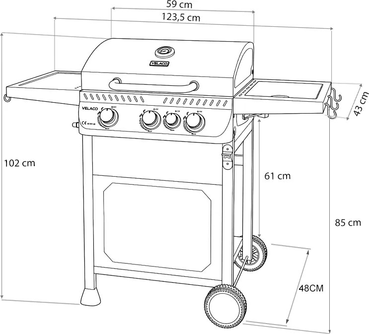 Velaco Plynový BBQ gril s boční plotýnkou, poličkou a krycí plachtou - APOLLO-B, 3+1 hořák