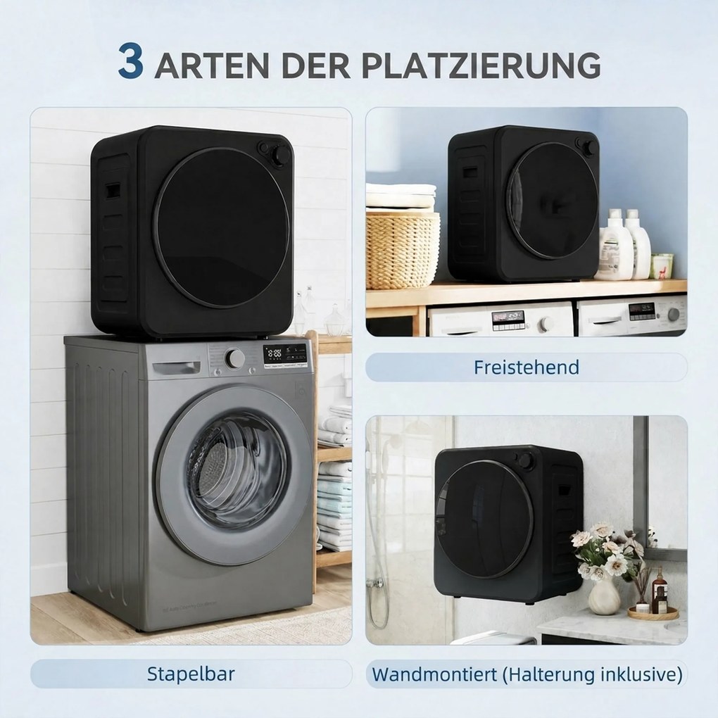 HOMCOM Mini sušička prádla 4 kg s 5 programy až do 60℃ 800W/400W odvětrávací sušička s nerezovým bubnem černá
