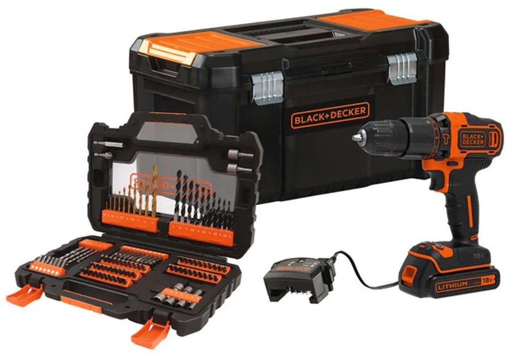 BLACK+DECKER Nářadí - 18V AKU vrtačka s příklepem a příslušenstvím, 1x aku 1,5 Ah Li-Ion, nabíječka BDCHD18S1KA-QW