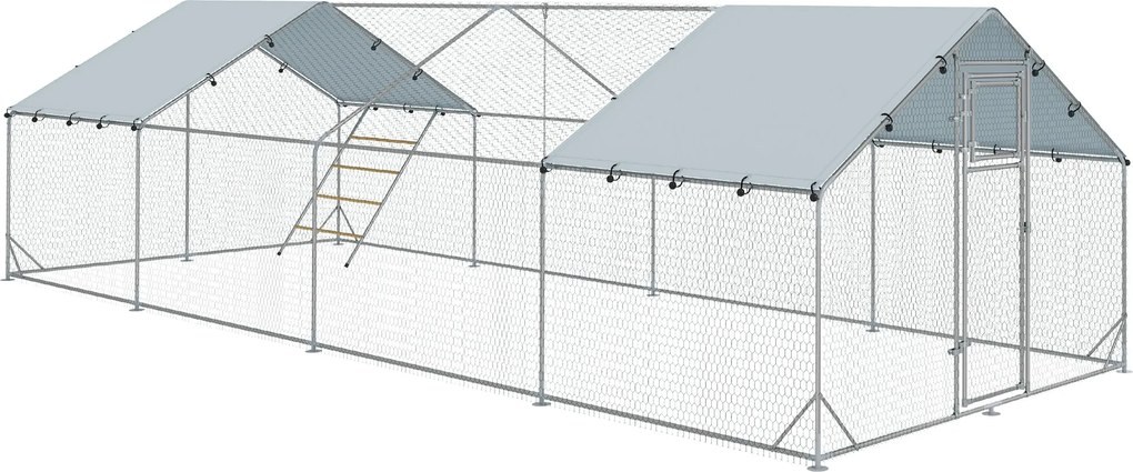 PawHut Kuřecí výběh z oceli, 3 x 8 x 1,95 m, kuřecí kurník s UV-odolným krytem, krmnými dvířky, zavěšeným krmítkem, bidlem, kuřecí ohrada pro 24-30 ku