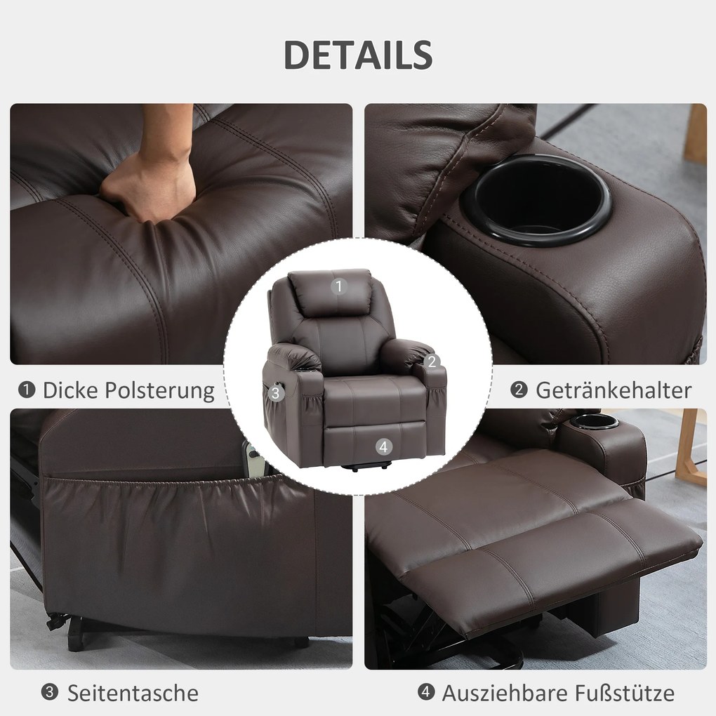 HOMCOM TV křeslo se stojánkem 8 masážních bodů časovač dálkové ovládání boční kapsa pěna 88x99x106 cm Hnědá pro relaxaci a pohodlí | Aosom.de