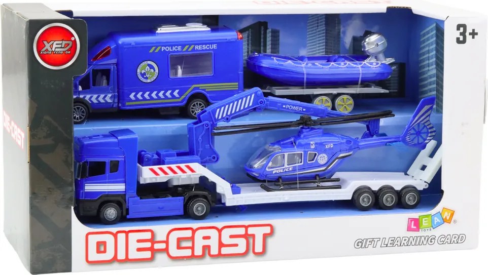 LEAN Toys Souprava: Policejní auto, záchranné vozidlo, loď, nákladní auto, vrtulník – modrá