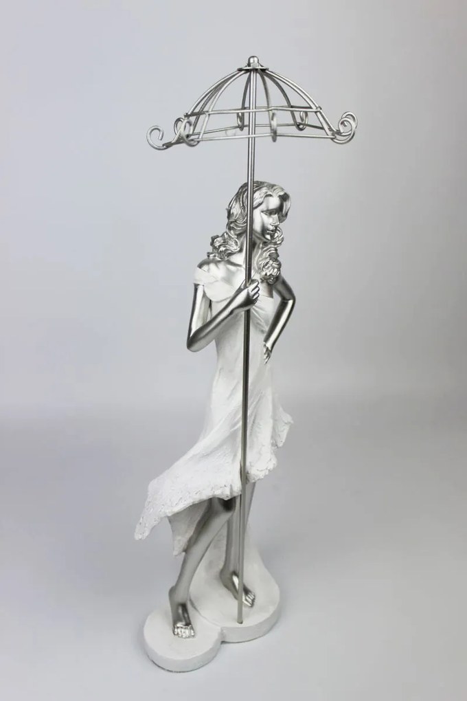 Bílo stříbrná figurka ženy s deštníkem 43cm