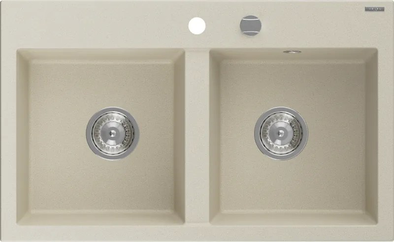 Mexen Hektor, 2-komorový granitový dřez 800x480x205 mm, béžová, chromový sifon, 6521802000-69