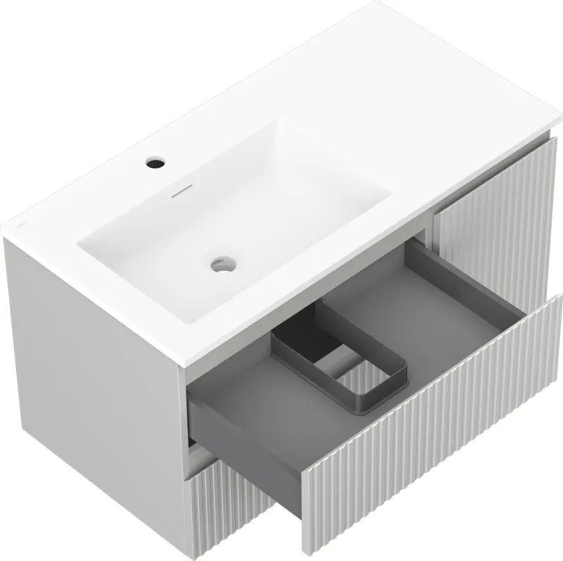 Mexen Rivel, koupelnová skříňka 90 cm s umyvadlem Otis vlevo, 2S, 1D, drážkovaná, šedá matná/bílá matná - 91A23-09047-3-BBFFF62-W18L01