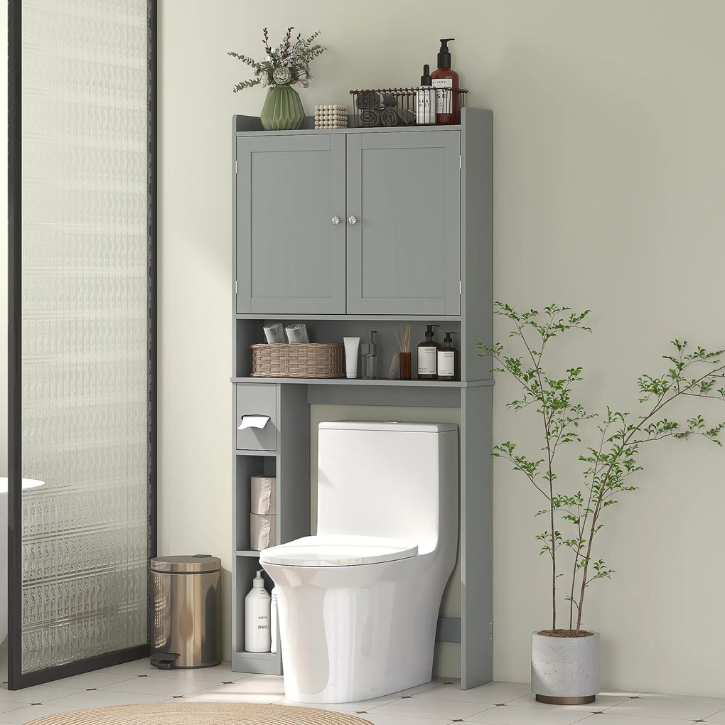 HOMCOM nástavec nábytku pro WC nebo pračku, 2 dveře, 3 přihrádky, držák na toaletní papír, 80x19,5x170 cm, šedá