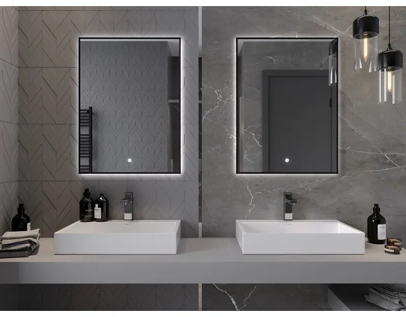 Mexen Erma, LED koupelnové zrcadlo s podsvícením a černým rámem 60x80 cm, 6000K, ochrana proti zamlžování, 9814-060-080-611-70