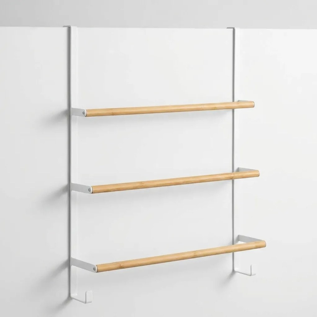 Zeller Present Věšák na ručníky na dveře, bílý kov, bambus, 51 x 13 x 56 cm