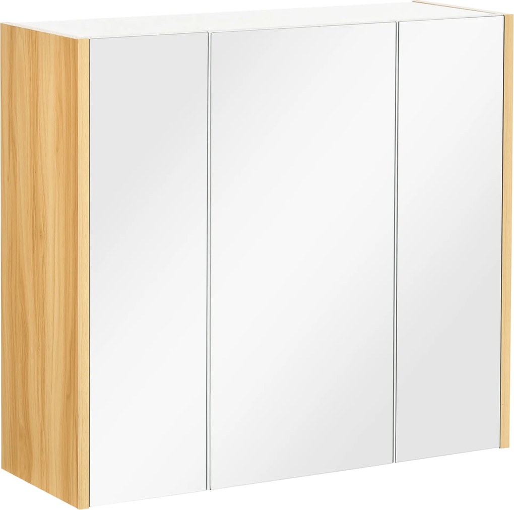 Kleankin koupelnová zrcadlová skříň s 3 dveřmi a 4 nastavitelnými policemi 68 x 22 x 60 cm světlý dub - bílá | Aosom