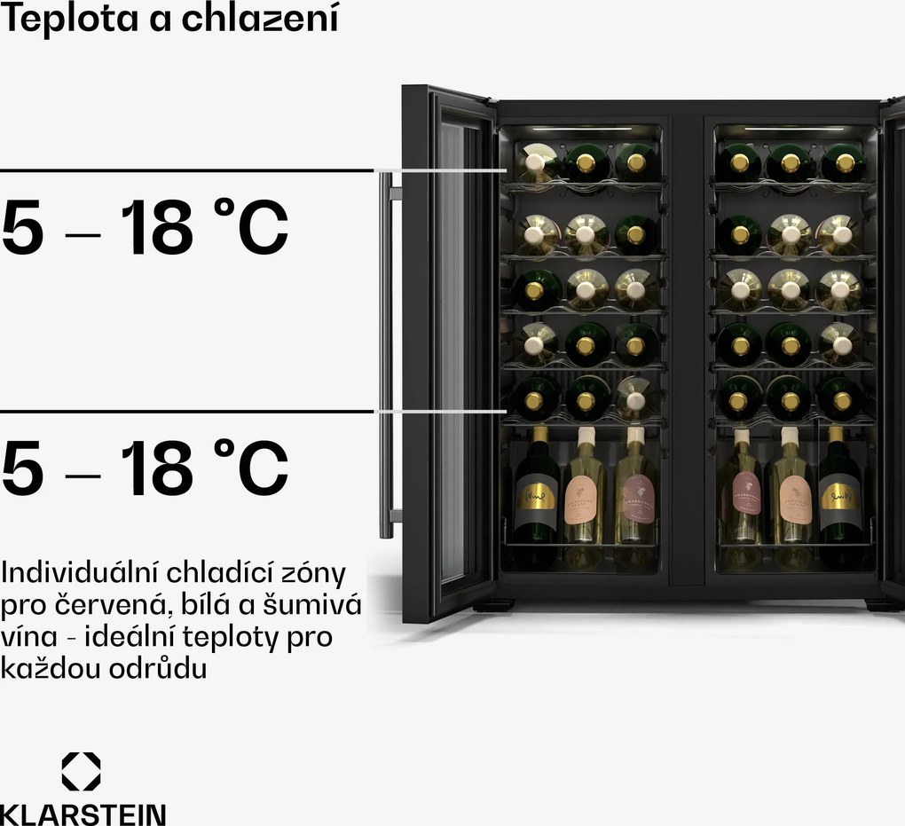 Klarstein Vinotéka Shiraz, 2 chladicí zóny, LED osvětlení, dotykové ovládání, volně stojící