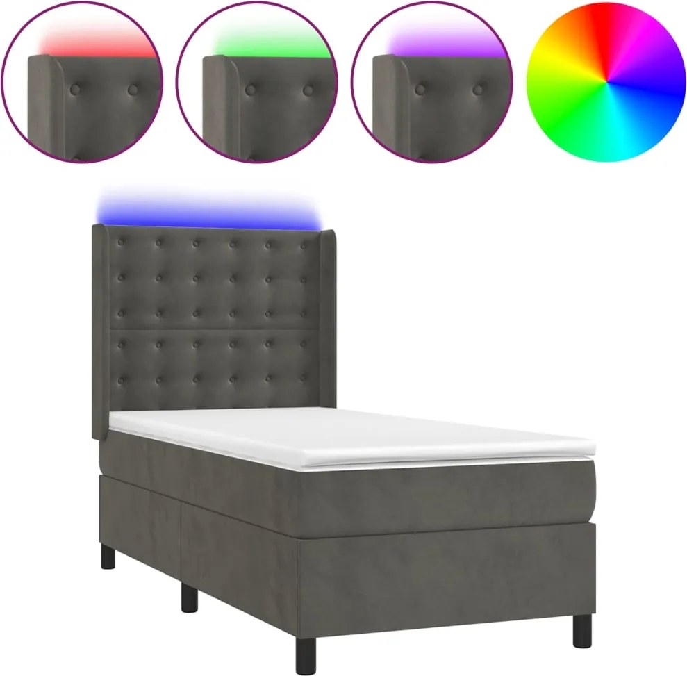 Box spring postel s matrací a LED tmavě šedá 90x190 cm samet 3139776