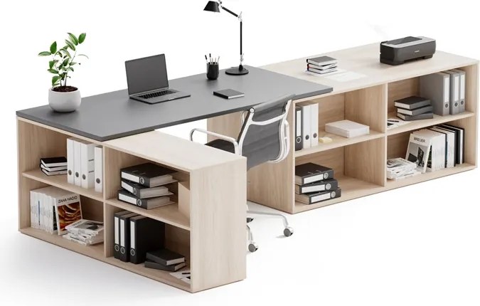 Kancelářský psací stůl s úložným prostorem BLOCK B02, 320x160 cm, dub přírodní/grafit