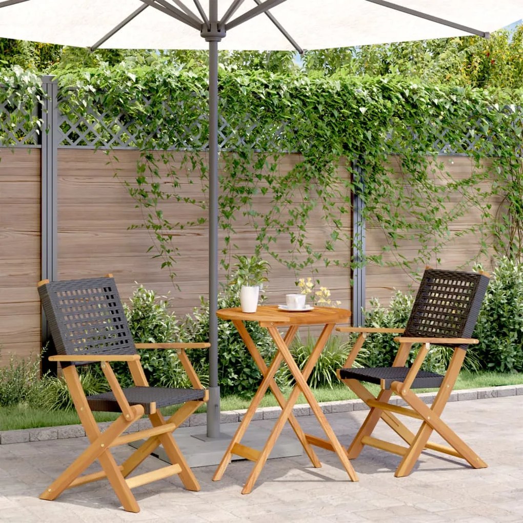 3dílný bistro set černý polyratan a masivní dřevo