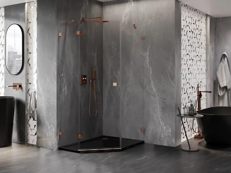 Mexen Lunar, Pětiúhelníkový sprchový kout Mexen Lunar s výklopným levým oknem 80 x 100 cm, 8mm čiré sklo, profil růžové zlato, 831-080L-100P-60-00-L