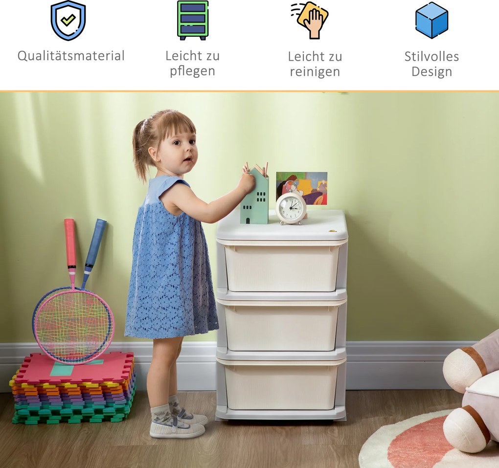 HOMCOM Úložné boxy pro děti, 3 velké zásuvky, oblé hrany, plast, 37x37x56,5 cm, krémově bílá