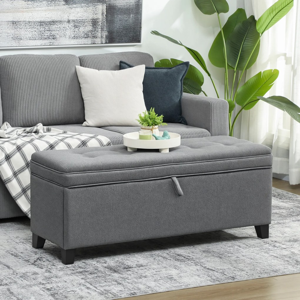 HOMCOM Lavice s úložným prostorem, polstrovaná lavice 120x40x48 cm s bezpečnostními panty, lněný vzhled, tmavě šedá