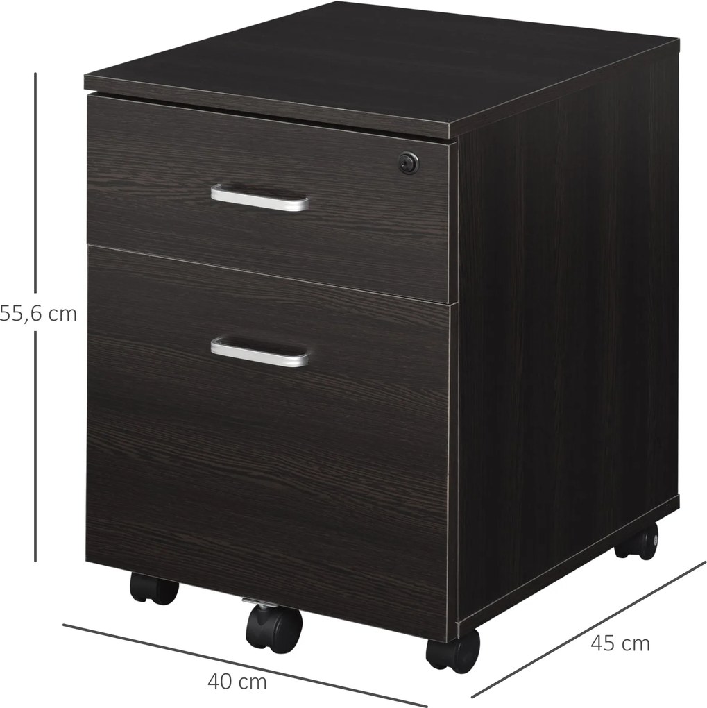 Vinsetto Mobilní Kancelářská Skříň na A4 s Kolečky - Skříň s 2 Zásuvkami a Zámkem 40x45x55,6 cm Wengué