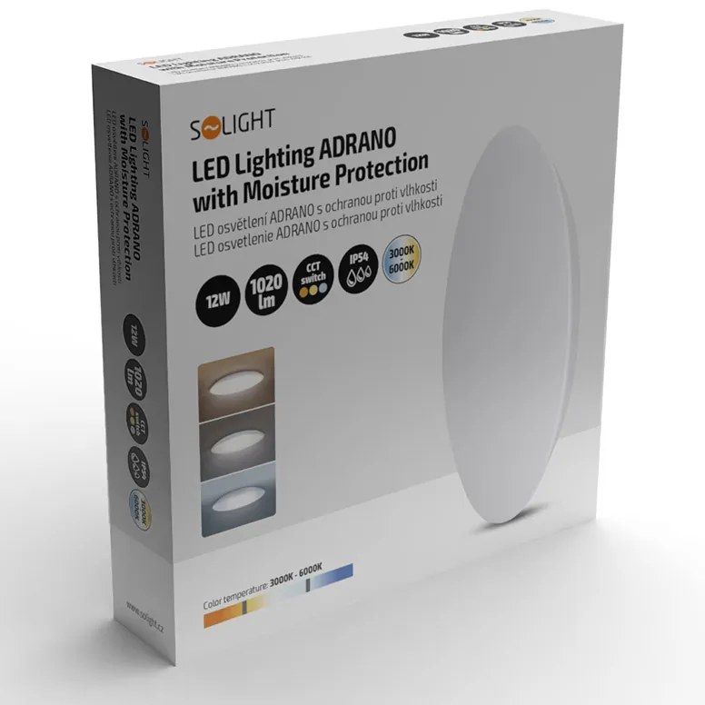 Solight LED osvětlení Adrano s ochranou proti vlhkosti, IP54, 12W, 1020lm, 3CCT, 23cm