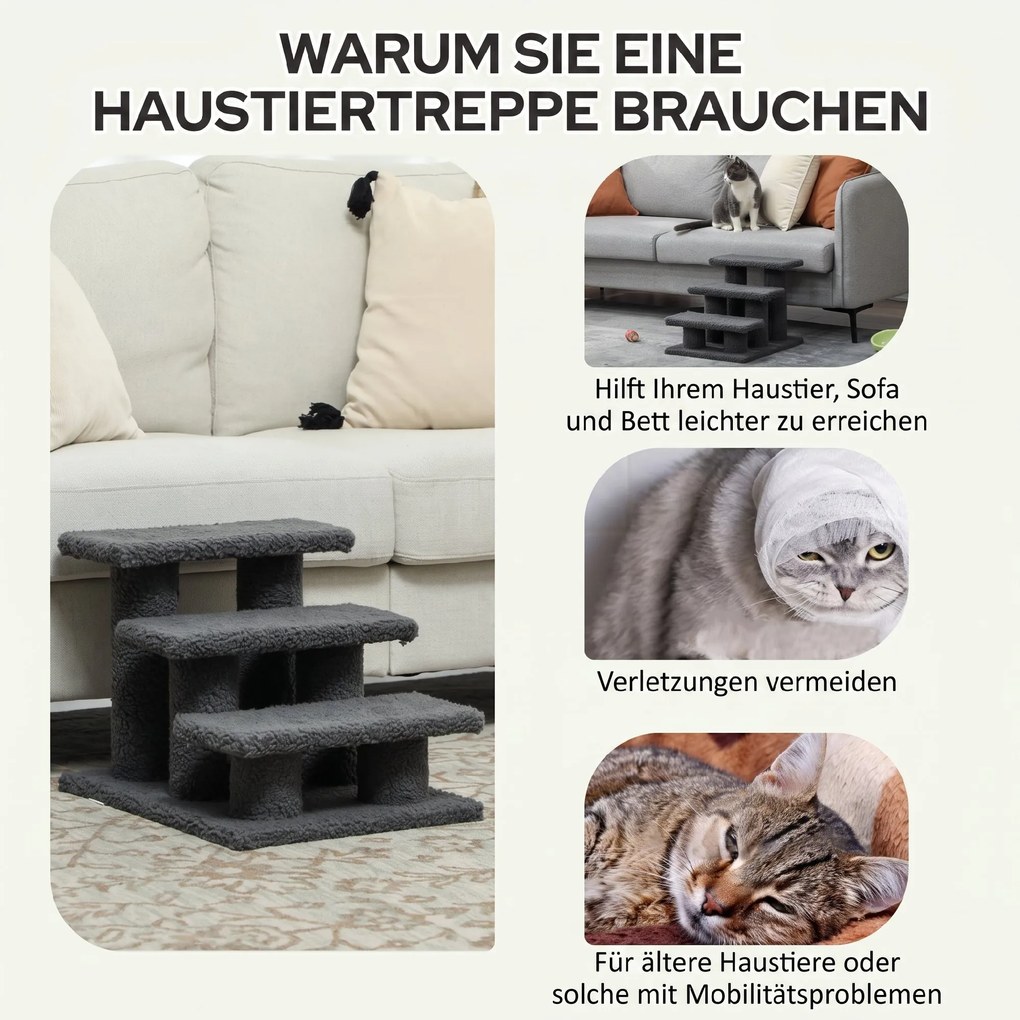 PawHut Kočičí schůdky 3 stupně, zvířecí schody, schody pro kočku, domácí schůdky 45 x 35 x 34 cm, tmavě šedé
