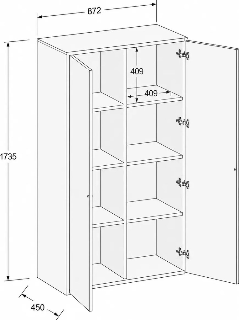 Kancelářská skříň FRAME, 2x dveře, 872 x 450 x 1735 mm, PUSH-lock, šedá