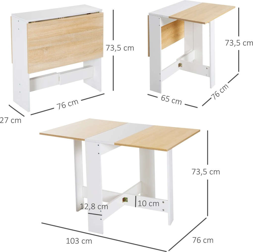 HOMCOM Skládací Jídelní Stůl Kuchyňský Stolek se 2 Sklopnými Listy pro Úsporu Místa Moderní Design 103x76x73.5cm Dřevo