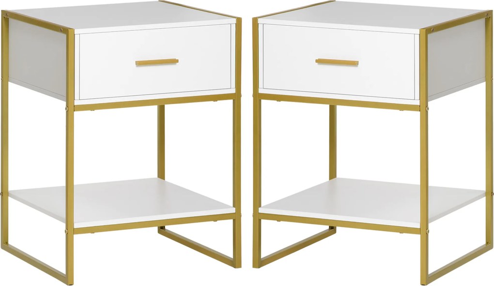 HOMCOM Sada 2 Moderních Nočních Stolků, 2 Noční Stolky do Ložnice a Obývacího Pokoj, s Šuplíkem a Otevřenou Policí, Moderní Design, MDF a Ocel, 45x40…
