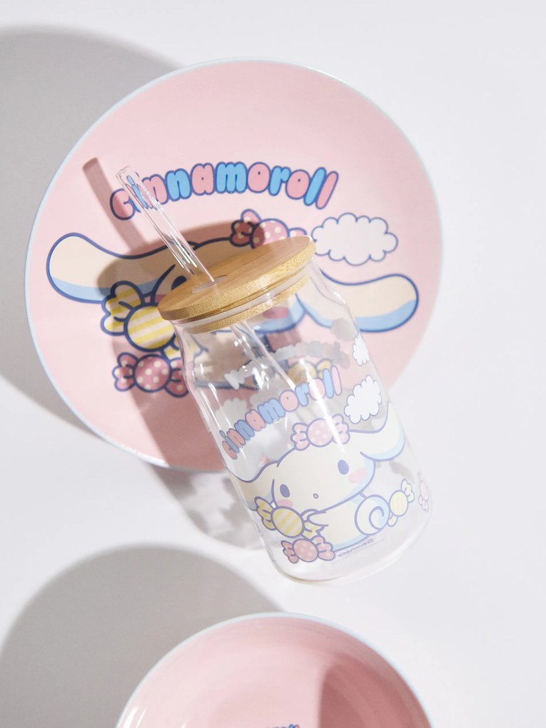 Sinsay - Skleněný hrnek s bambusovým víčkem a brčkem Cinnamoroll - vícebarevná