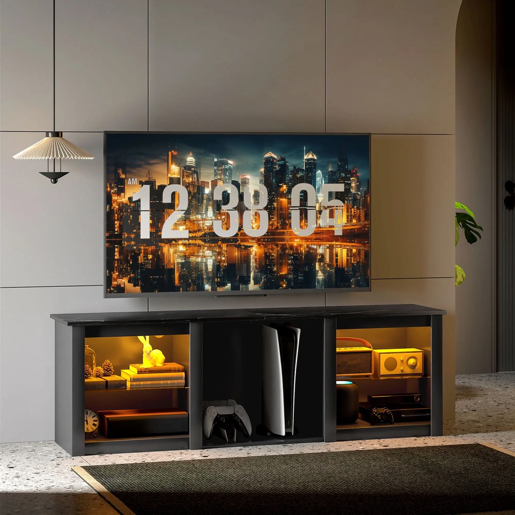 HOMCOM TV nábytek s LED osvětlením pro televizory až do 65 palců, 160 cm s nastavitelnými skleněnými poličkami, černé
