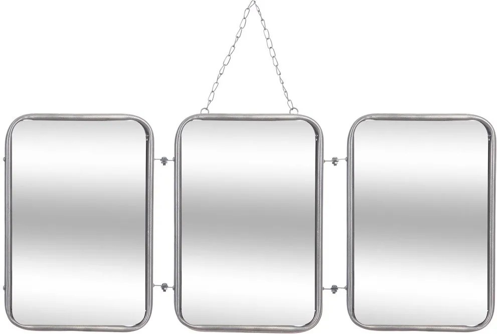 Třídílné zrcadlo vybavené železným rámem se zaoblenými rohy a závěsným řetězem