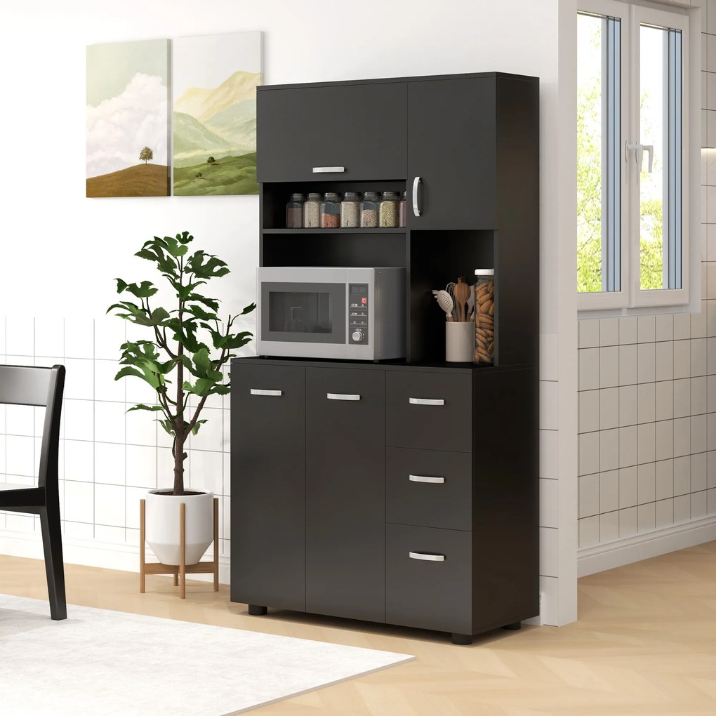 HOMCOM Víceúložná Kuchyňská Skříň se 4 Dveřmi a 3 Zásuvkami, Police + Velká Pracovní Deska 89L x 39,5W x 168H cm Černá