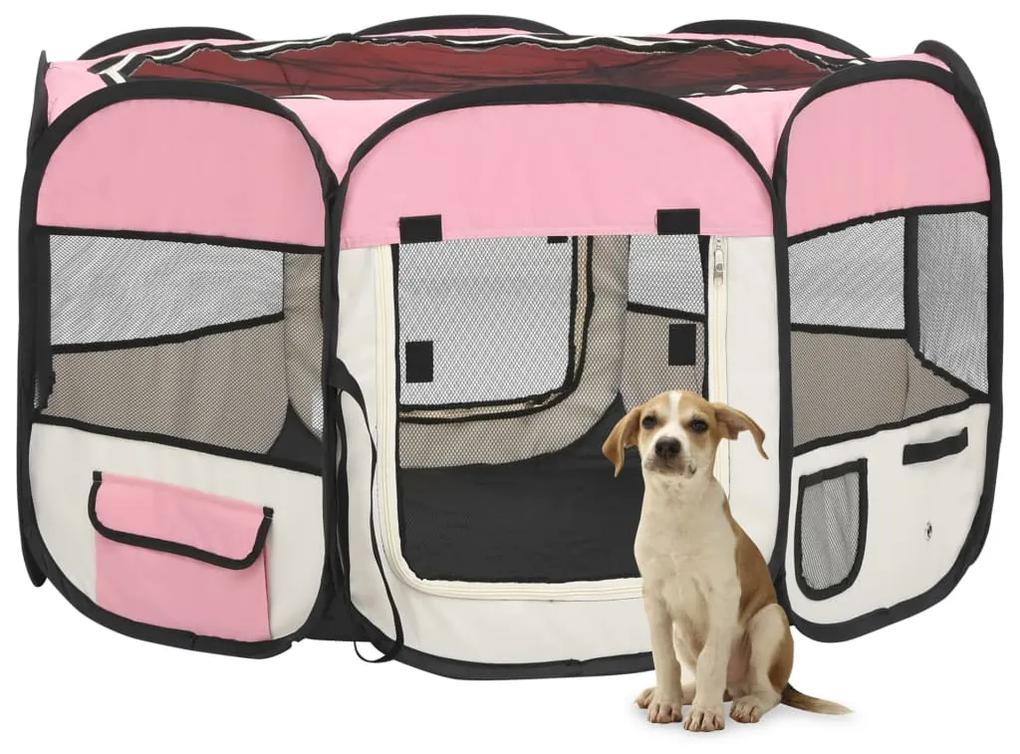 vidaXL Skládací ohrádka pro psy s taškou růžová 110 x 110 x 58 cm