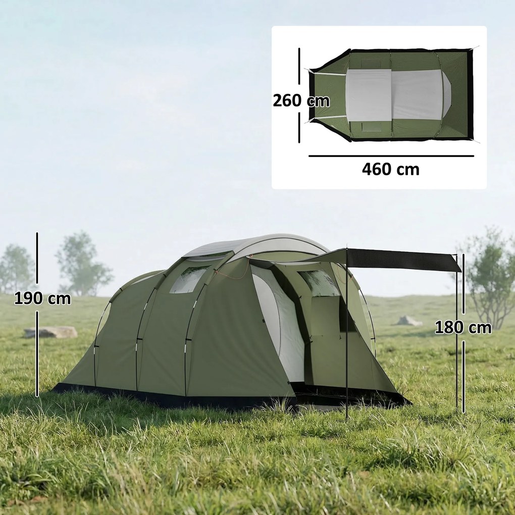 Outsunny stan pro 3–4 osoby — voděodolný rodinný stan s ložnicí, předním přístřeškem a obytnou částí, vodní sloupec 3000 mm, zelený