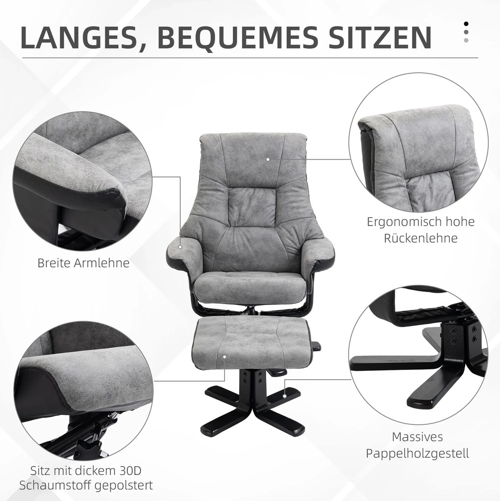 HOMCOM polohovací křeslo s taburetem, otočné TV křeslo s funkcí polohování, mikrovlákno šedé, 78x82,5x109 cm, ideální pro obývací pokoj a relaxaci | …
