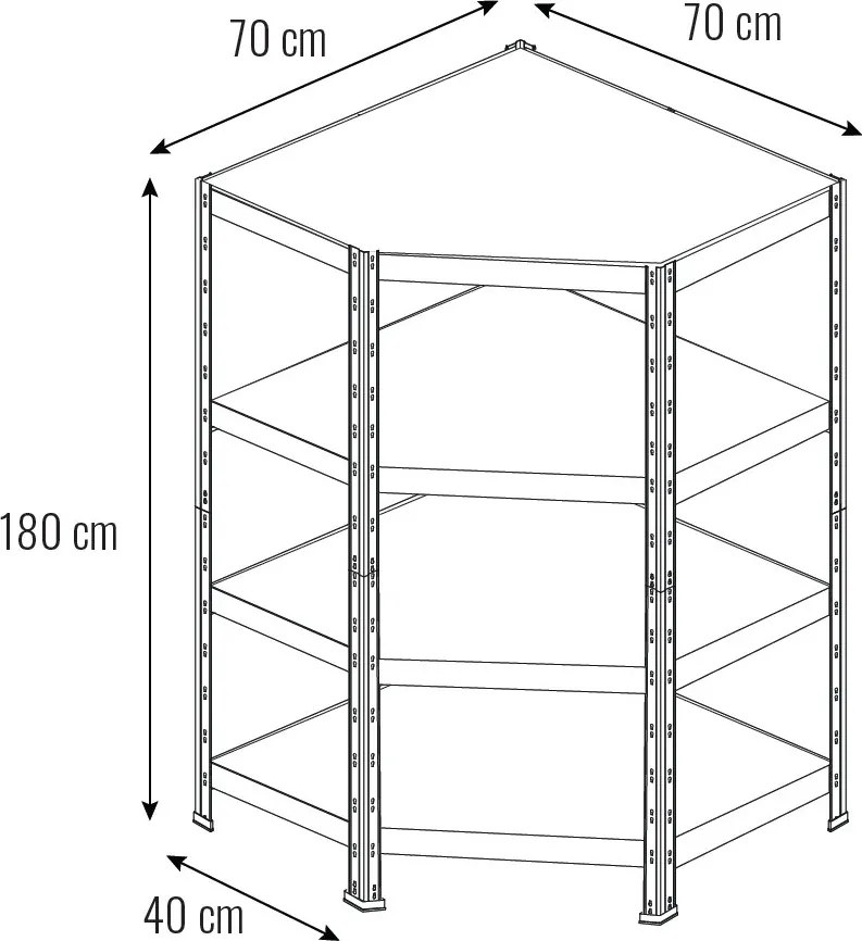 Rohový kovový regál RIVET BUGDET, 180x70x70x40 cm, 4x HDF police, zinek