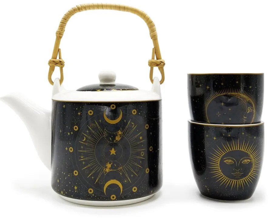 Porcelánová čajová souprava Celestial, konvice 0,6 l – s bambusovým držadlem, se 2 šálky, vesmírný design, s nerezovým sítkem