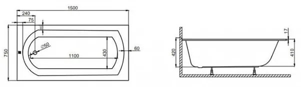 Polimat Akrylátová obdélníková vana Classic Slim 120x70 (130x70, 140x70, 150x70, 150x75, 160x70, 170x70, 170x75, 180x80) Barva: Bílá, Rozměry (cm): 130x70