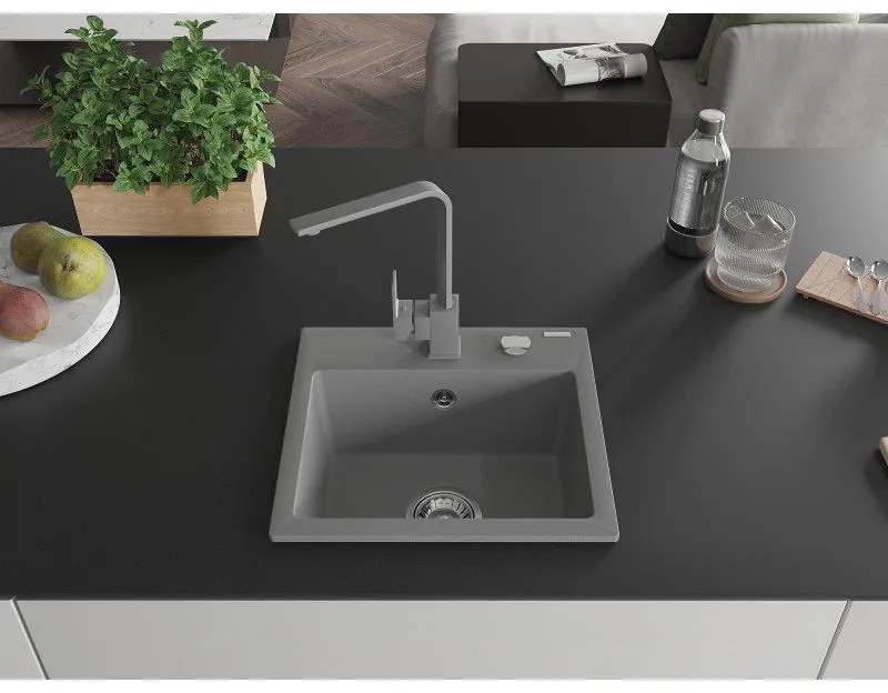 Mexen Milo, 1-komorový granitový dřez 435x410x171 mm a šedá baterie Rita, šedá, 6505-71-670300-71