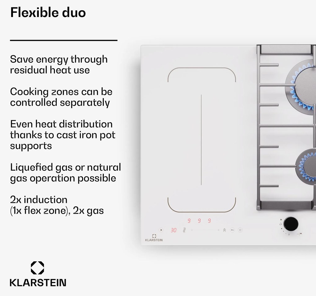 Klarstein MultiChef 4, indukční a plynová varná deska, 4 varné zóny, 2 plynové hořáky, 2 indukční varné desky, FlexZone