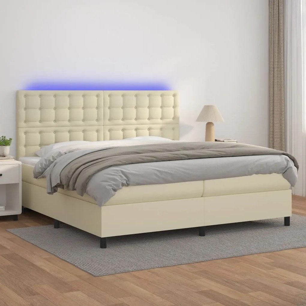 Box spring postel s matrací a LED krémová 200x200 cm umělá kůže 3135965