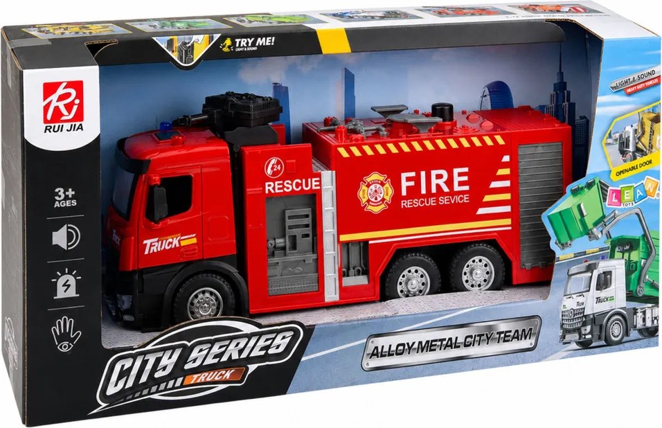 LEAN Toys Hasičské auto s funkcí stříkání vody, kovová kabina, světla, zvuky, měřítko 1:12