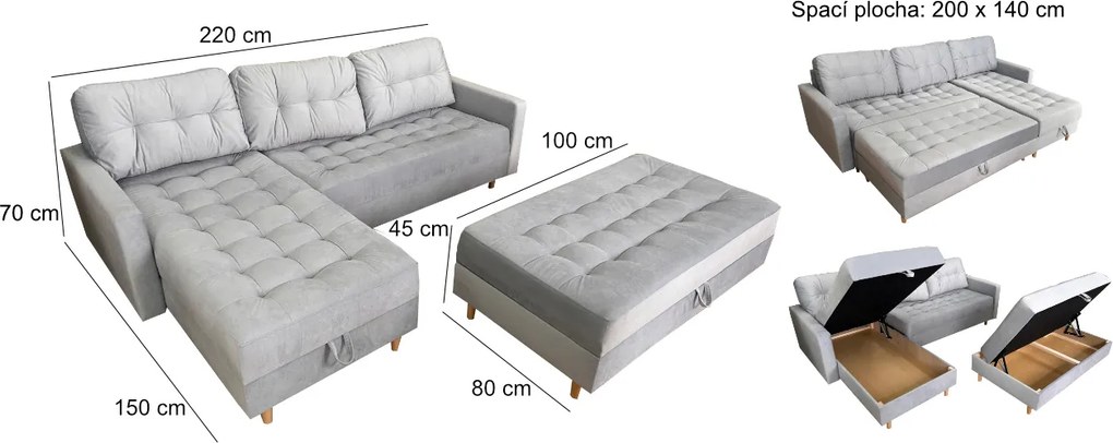 Rohová rozkládací sedací souprava do L LARGO, 220 cm, s úložným prostorem a multifunkčním taburetem Roh pohovky: Levý roh, Barva látky Kronos: Černá (Kronos 07)