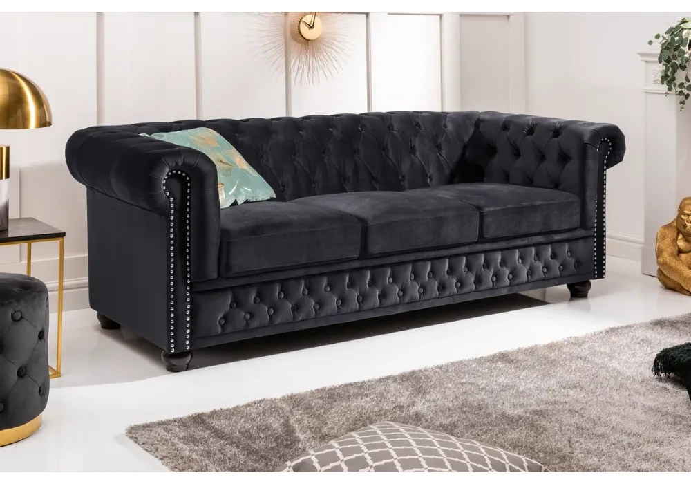 Massive home | 3místná pohovka CHESTERFIELD 205cm, sametová černá